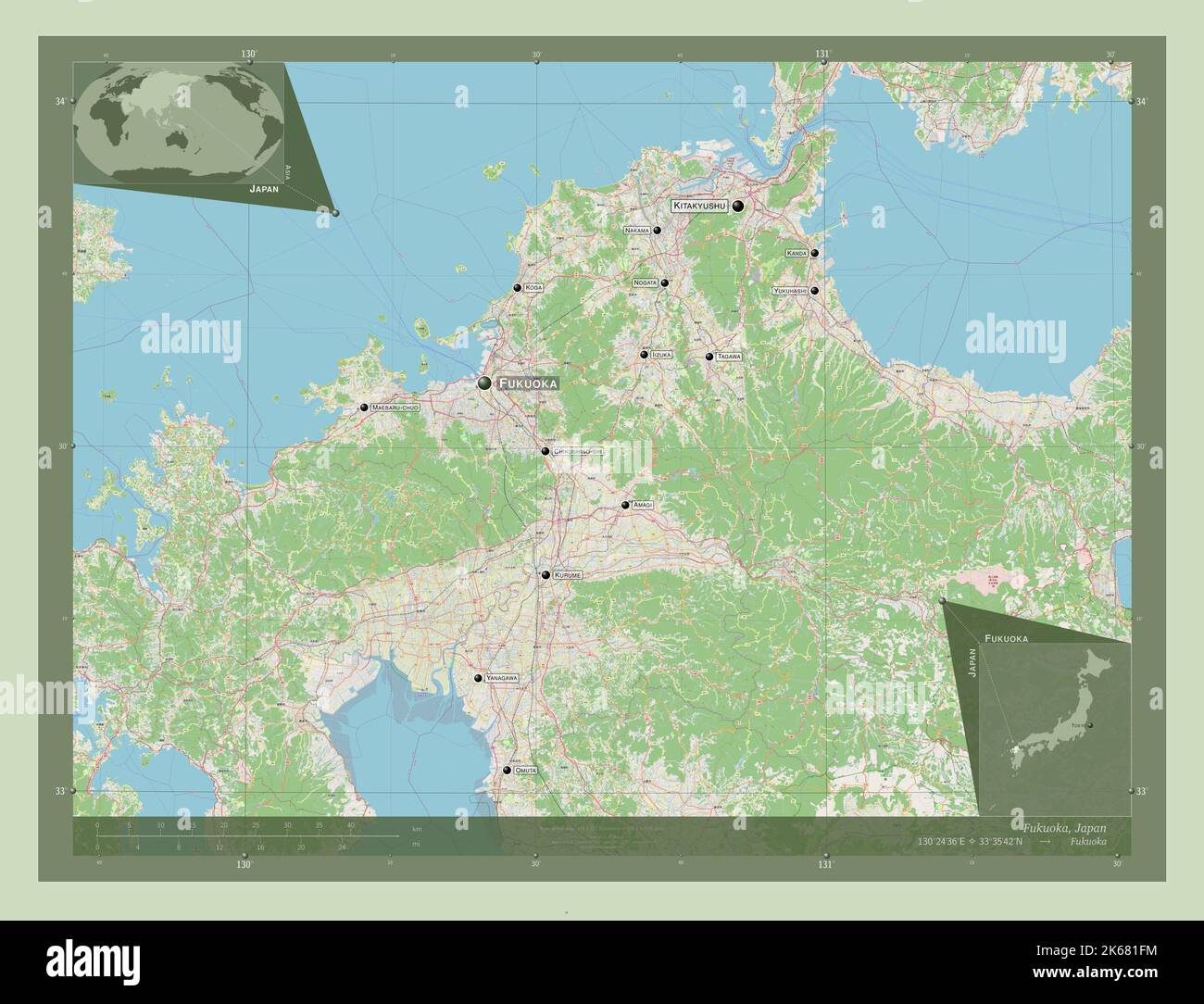 Fukuoka, prefecture of Japan. Open Street Map. Locations and names of ...