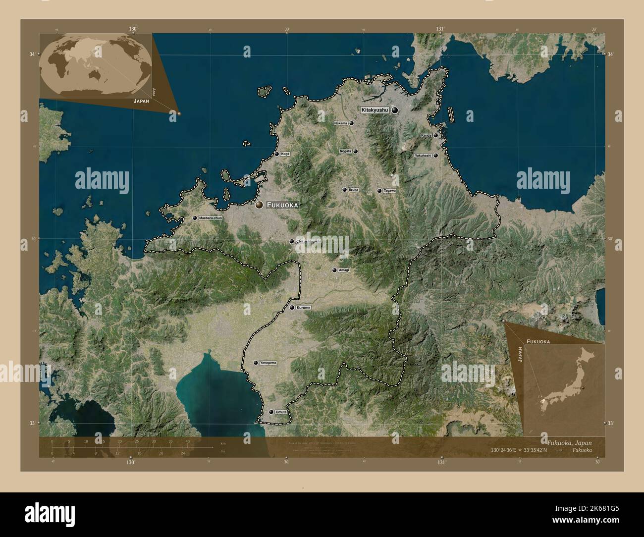 Fukuoka, prefecture of Japan. Low resolution satellite map. Locations ...