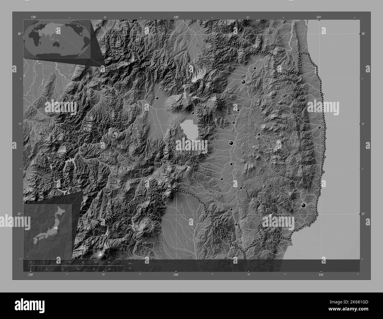 Fukushima, prefecture of Japan. Bilevel elevation map with lakes and ...