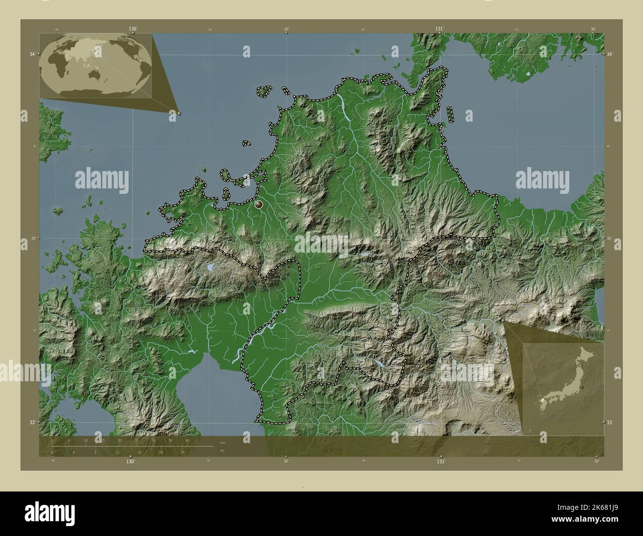 Fukuoka, prefecture of Japan. Elevation map colored in wiki style with ...
