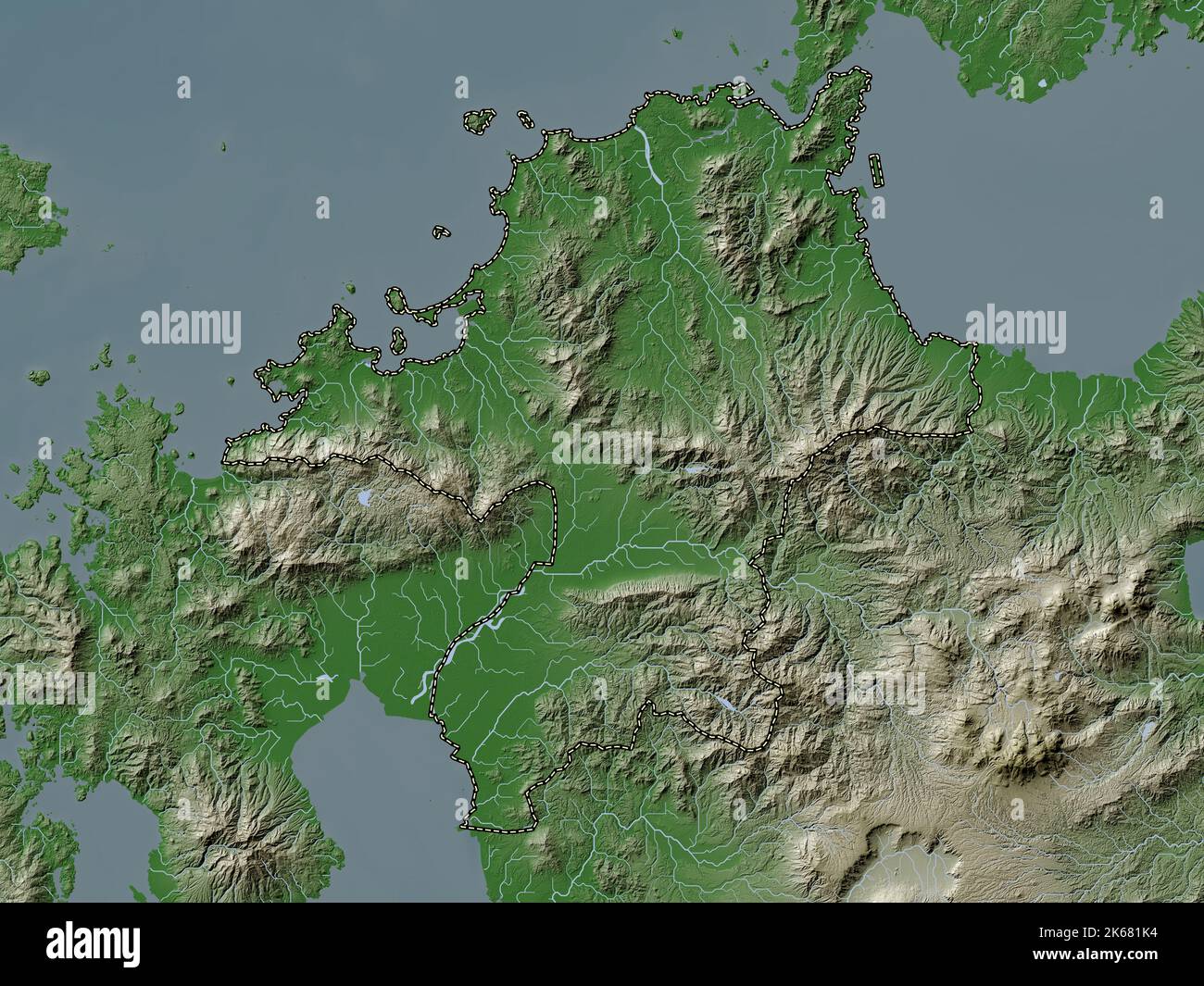 Fukuoka, prefecture of Japan. Elevation map colored in wiki style with ...
