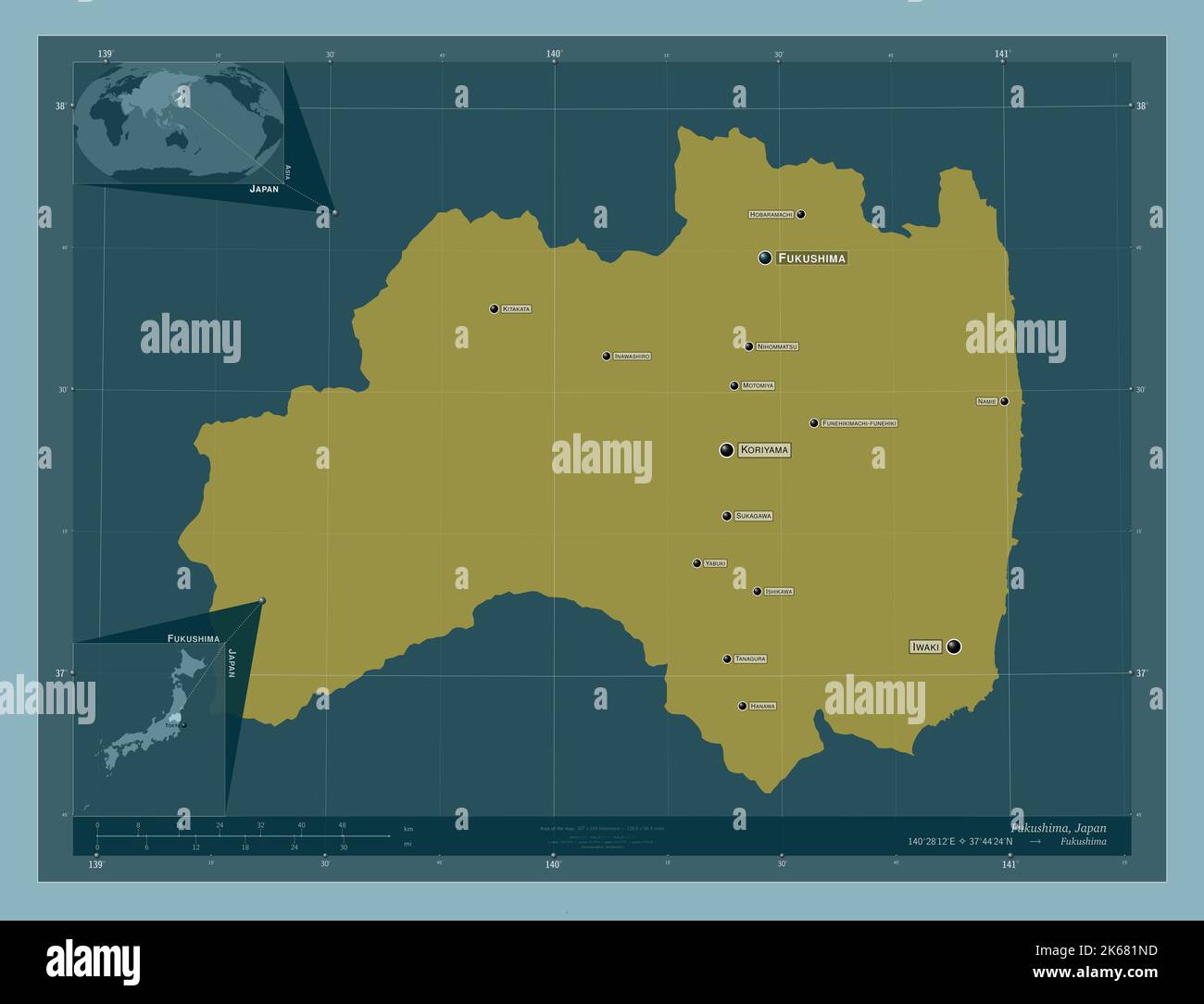 Fukushima, prefecture of Japan. Solid color shape. Locations and names ...