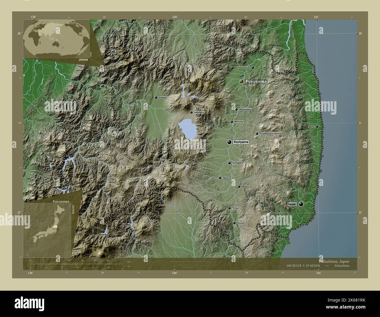 Fukushima, prefecture of Japan. Elevation map colored in wiki style ...