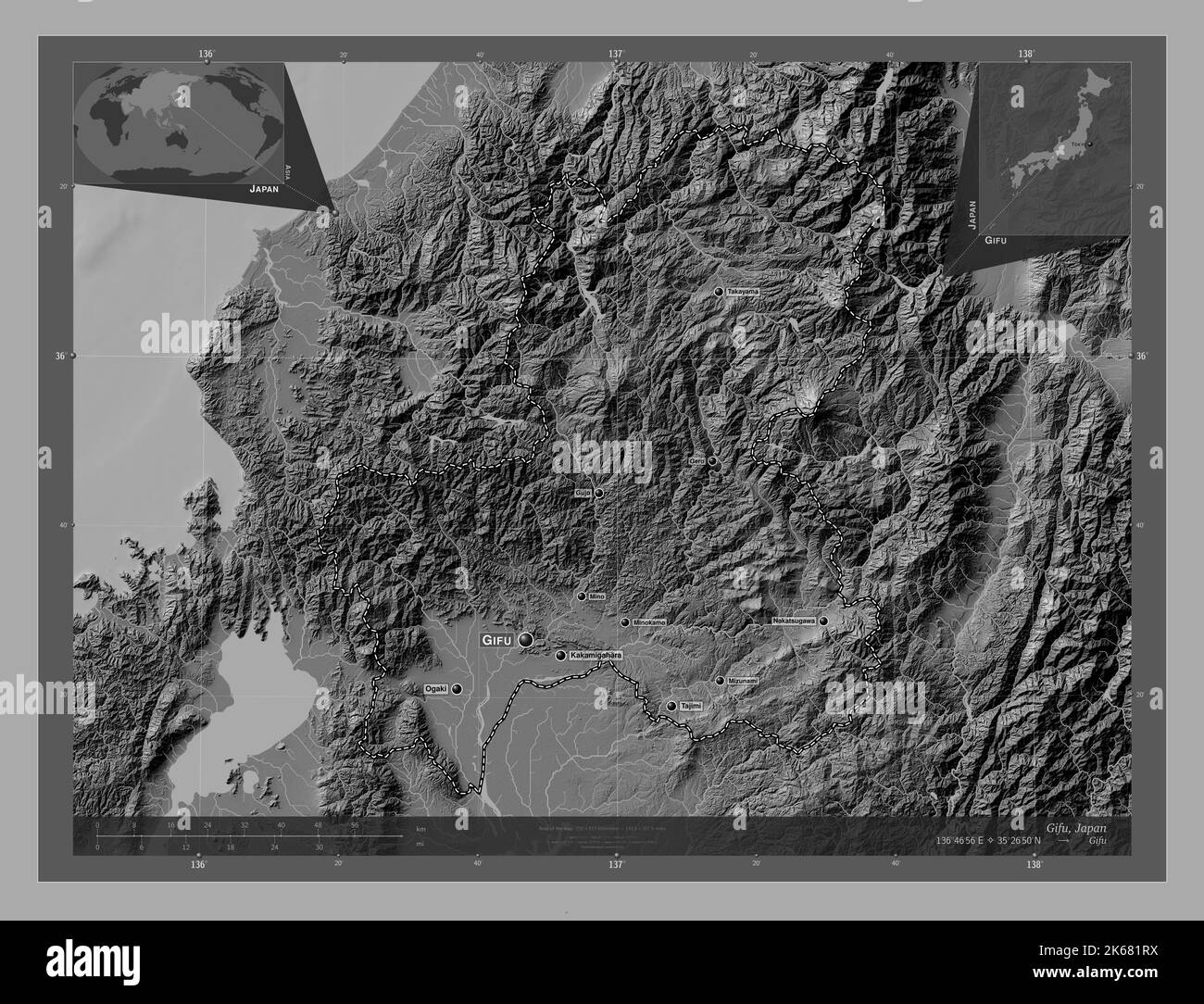 Gifu, prefecture of Japan. Bilevel elevation map with lakes and rivers ...
