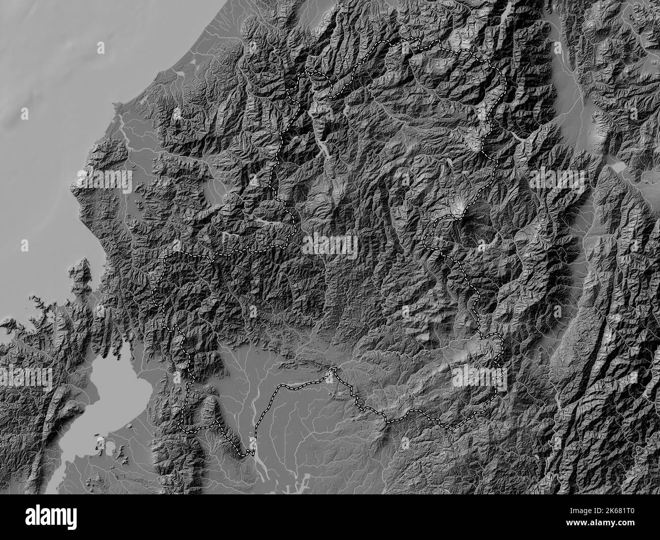 Gifu, prefecture of Japan. Bilevel elevation map with lakes and rivers ...