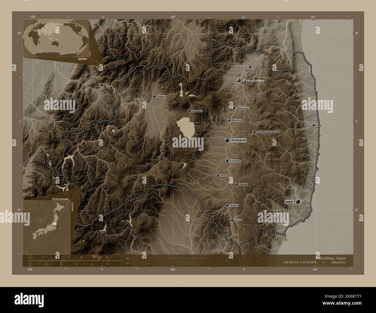 Fukushima, prefecture of Japan. Elevation map colored in sepia tones ...
