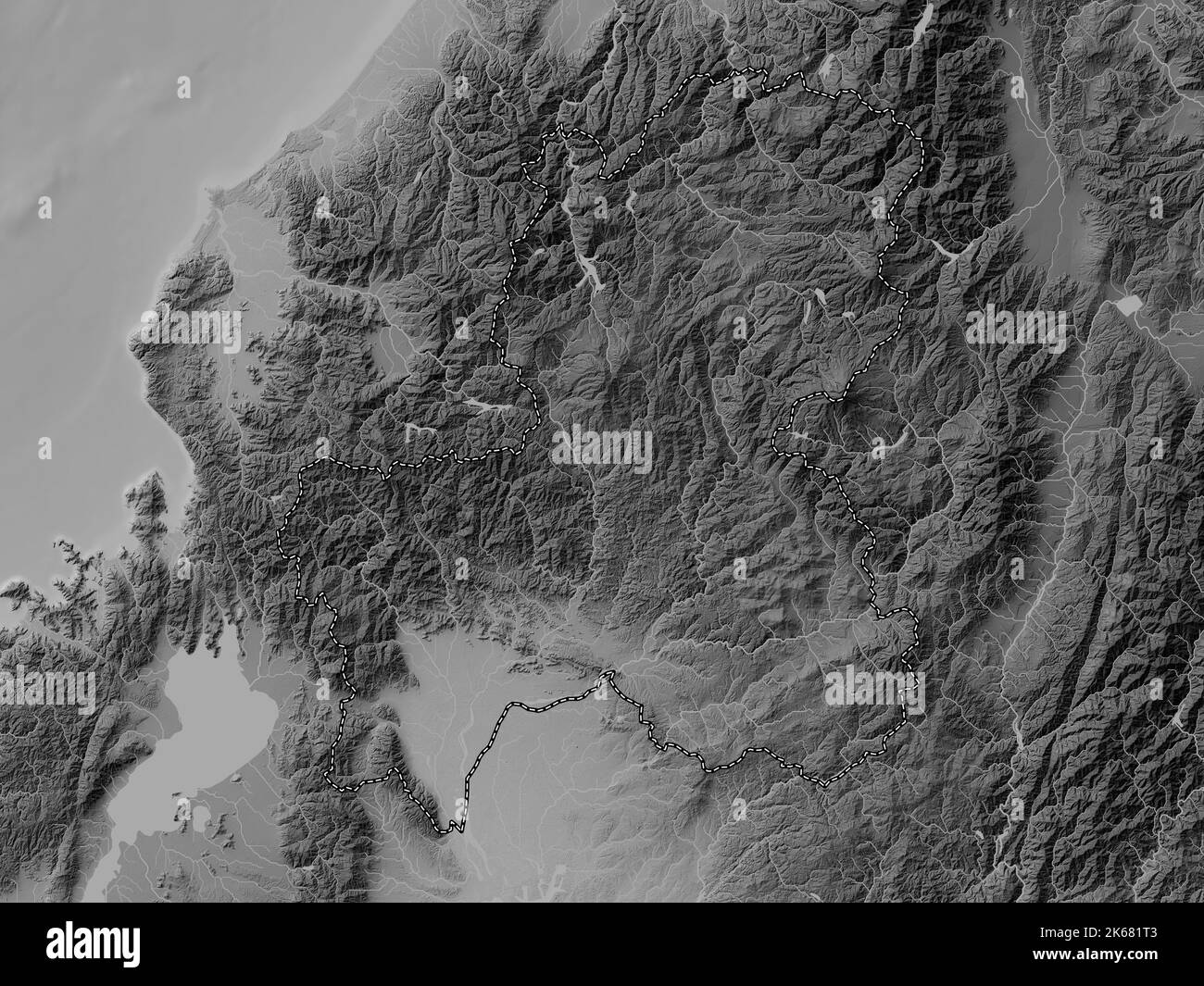 Gifu, prefecture of Japan. Grayscale elevation map with lakes and ...