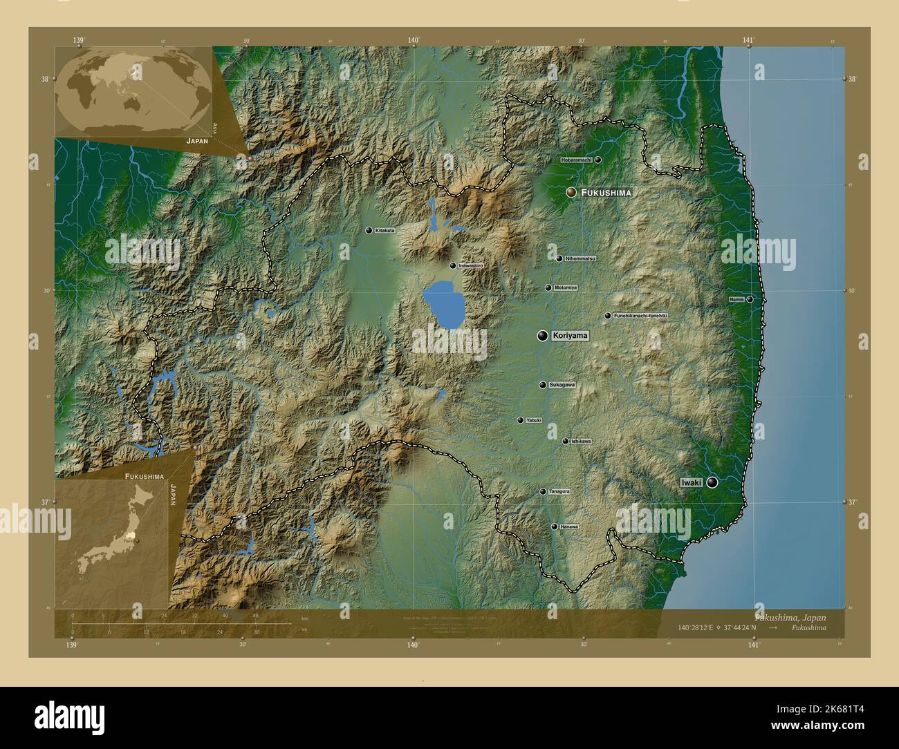 Fukushima, prefecture of Japan. Colored elevation map with lakes and ...