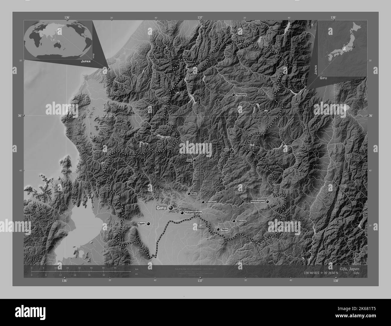 Gifu, prefecture of Japan. Grayscale elevation map with lakes and ...