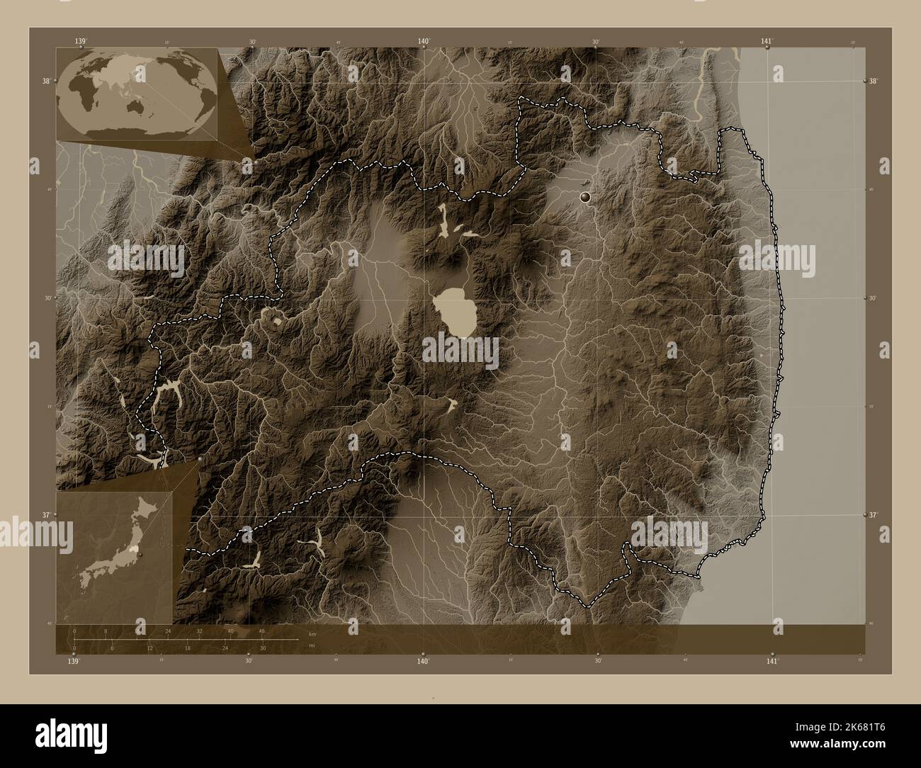 Fukushima, prefecture of Japan. Elevation map colored in sepia tones ...