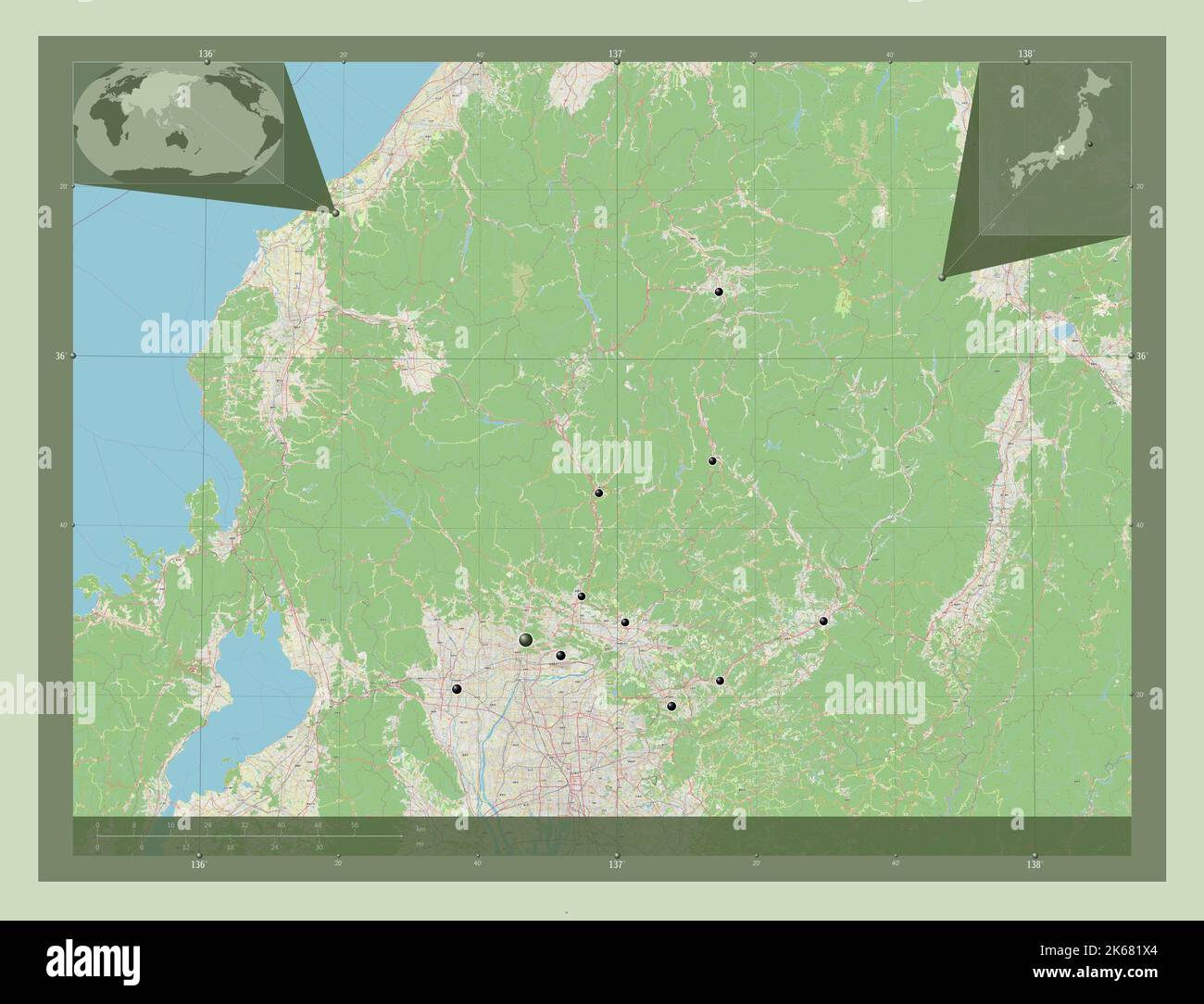 Gifu, prefecture of Japan. Open Street Map. Locations of major cities ...