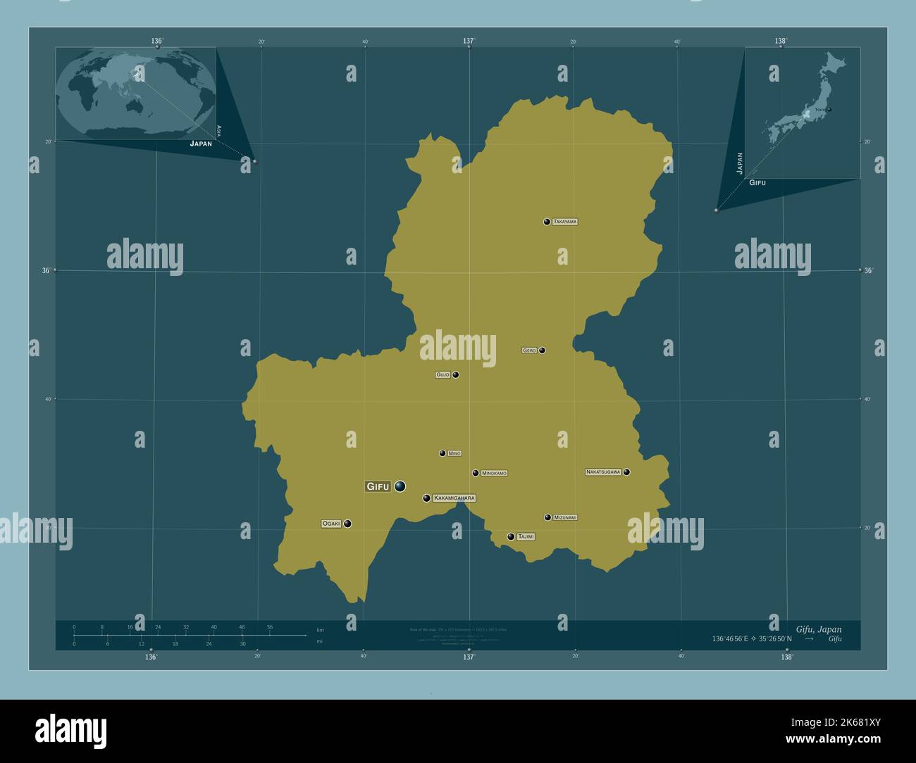 Gifu, prefecture of Japan. Solid color shape. Locations and names of ...