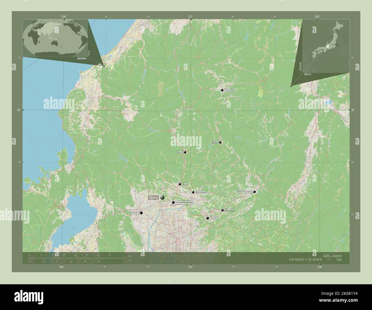 Gifu, prefecture of Japan. Open Street Map. Locations and names of ...