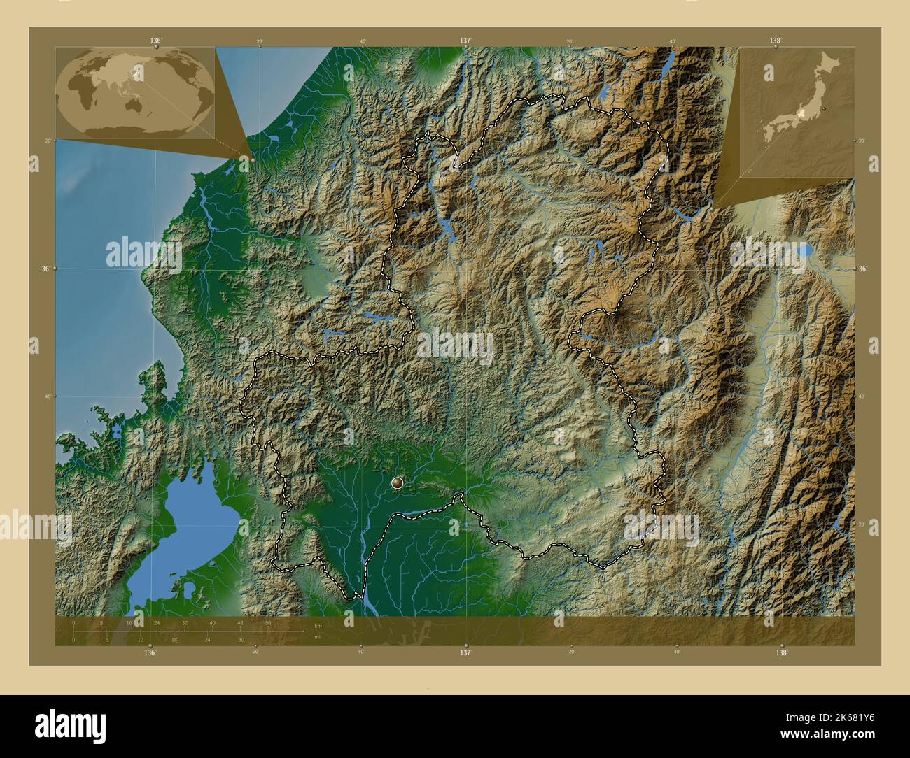 Gifu, prefecture of Japan. Colored elevation map with lakes and rivers ...