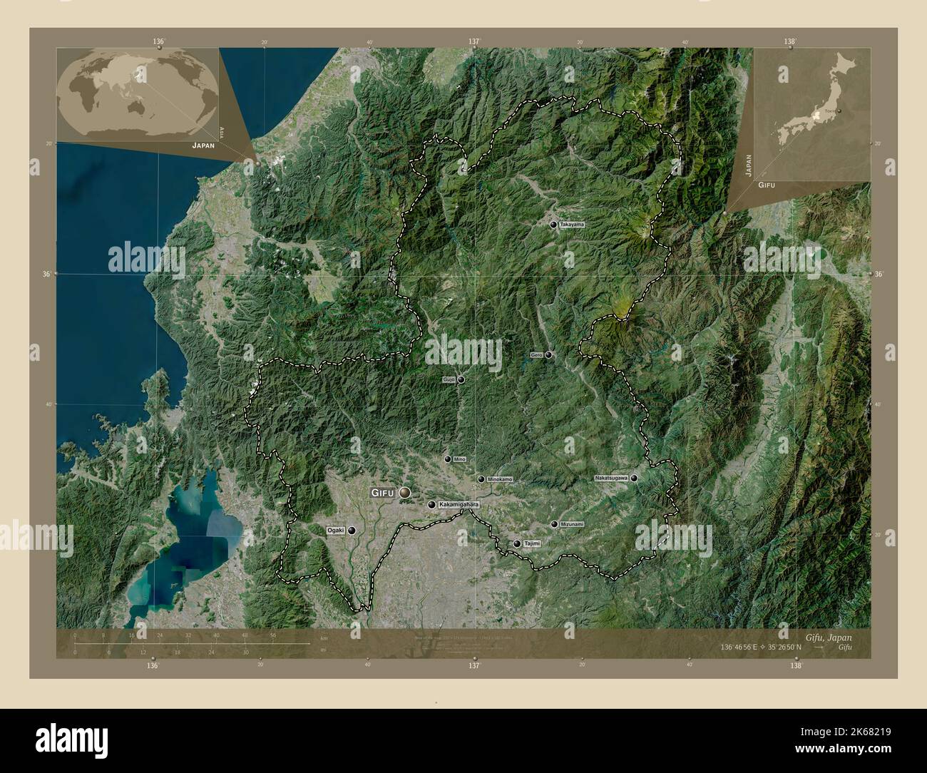 Gifu, prefecture of Japan. High resolution satellite map. Locations and ...