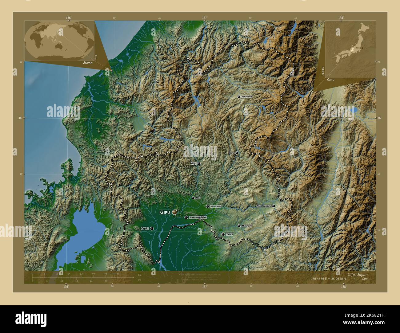 Gifu, prefecture of Japan. Colored elevation map with lakes and rivers ...