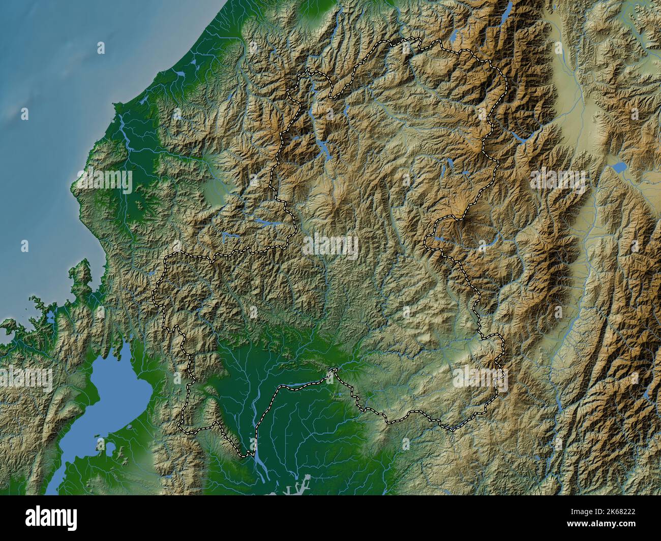 Gifu, prefecture of Japan. Colored elevation map with lakes and rivers ...
