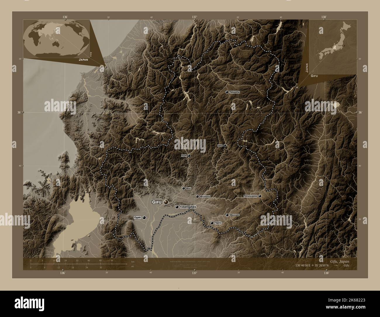 Gifu, prefecture of Japan. Elevation map colored in sepia tones with ...