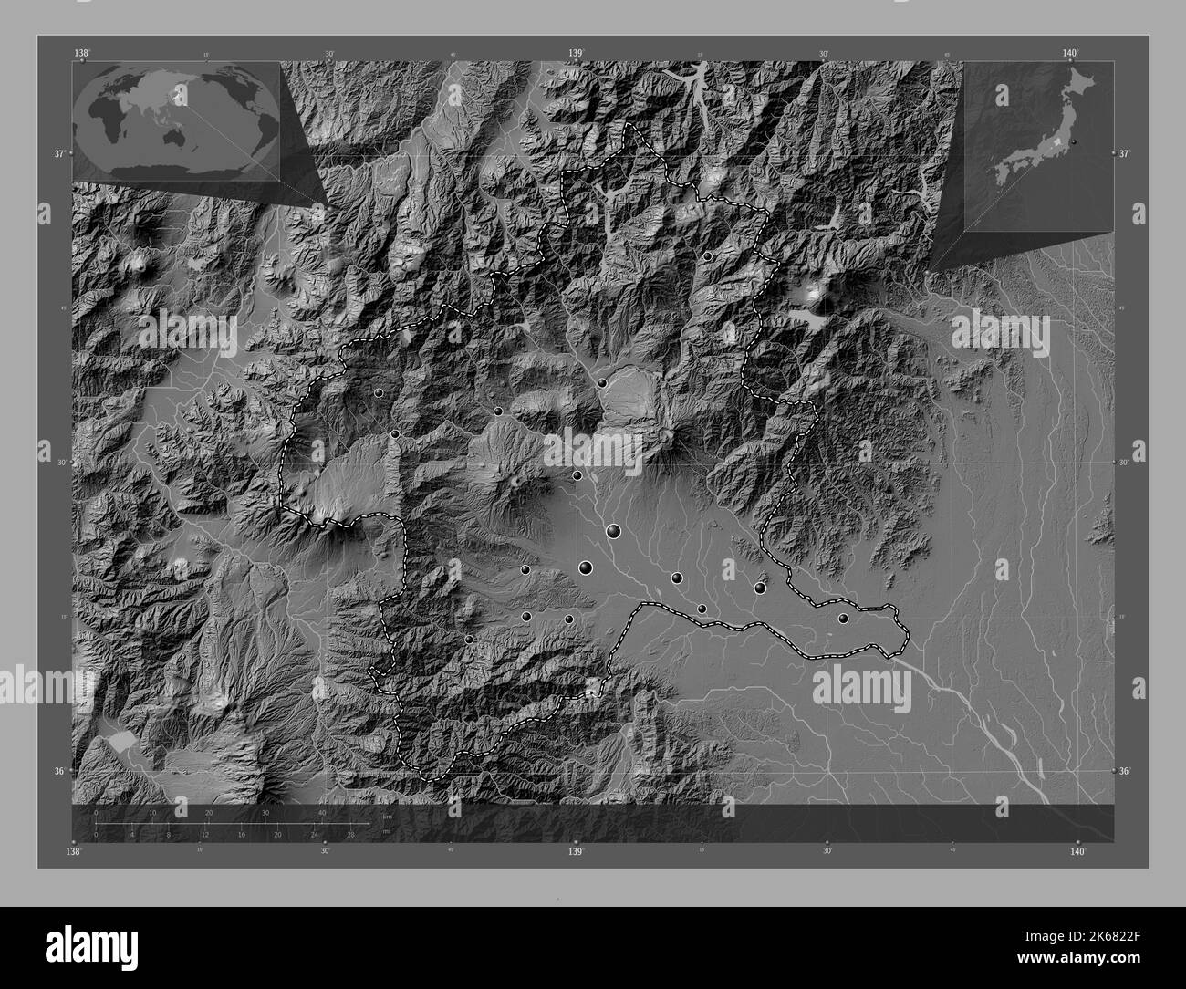 Gunma, prefecture of Japan. Bilevel elevation map with lakes and rivers ...