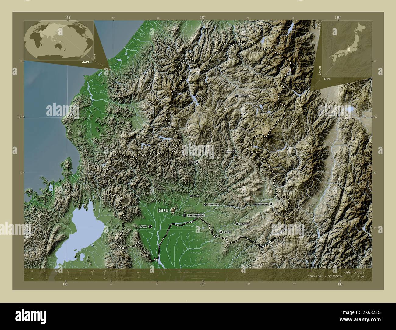 Gifu, prefecture of Japan. Elevation map colored in wiki style with ...