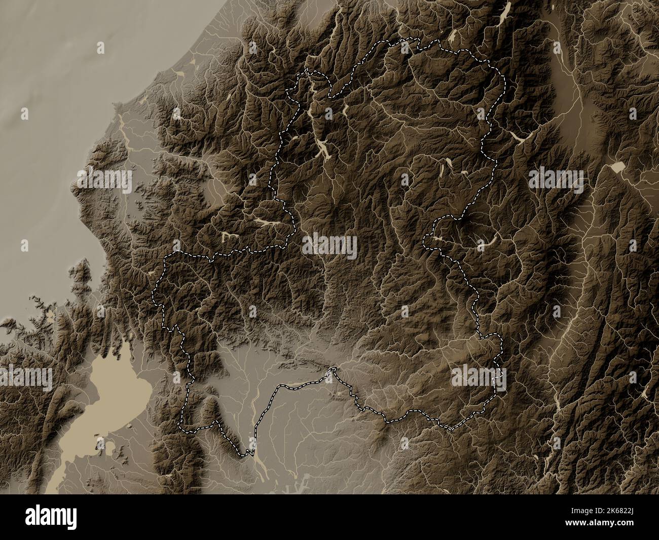 Gifu, prefecture of Japan. Elevation map colored in sepia tones with ...