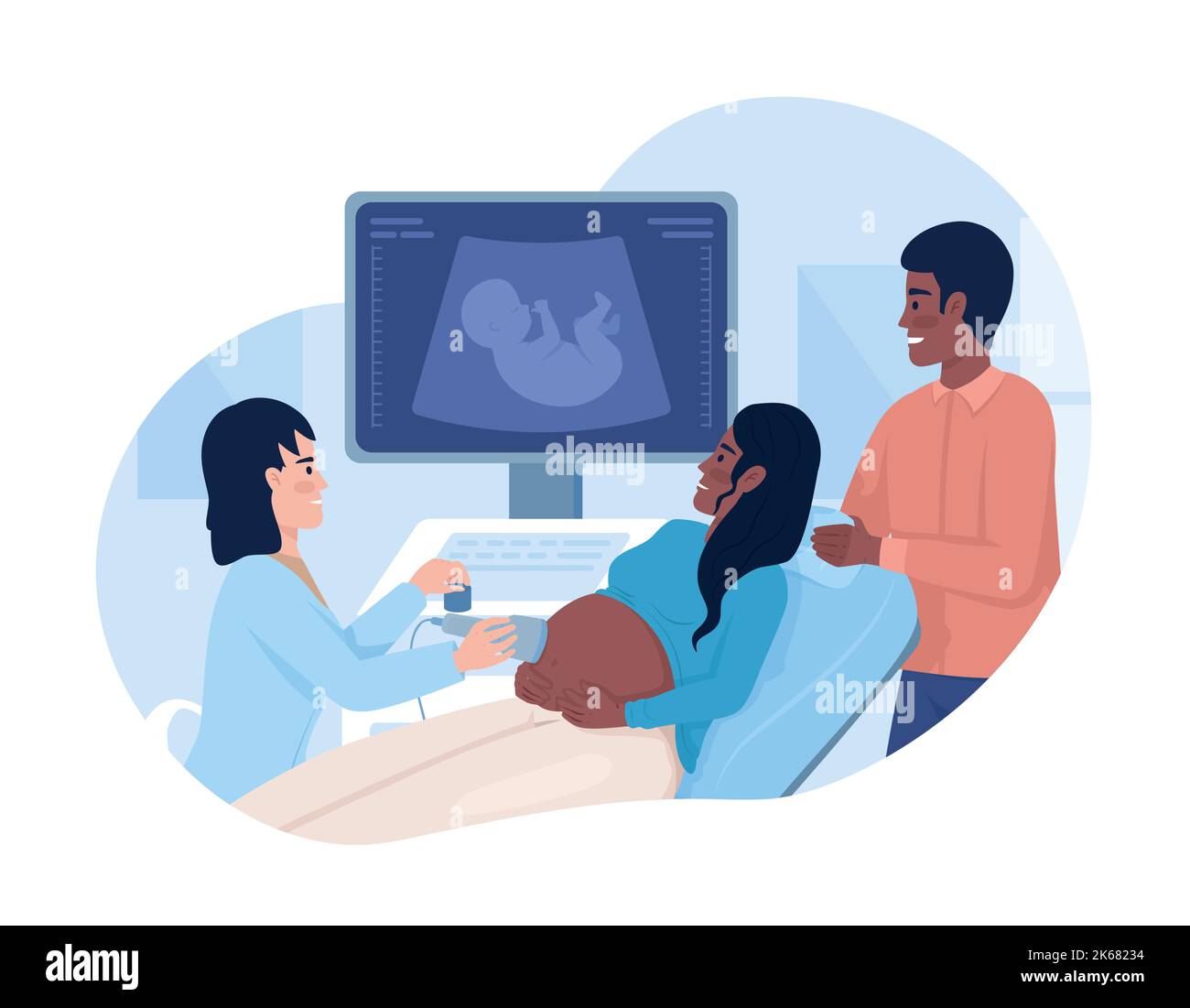 Pregnant woman undergoing ultrasound scan with partner 2D vector isolated illustration Stock ...