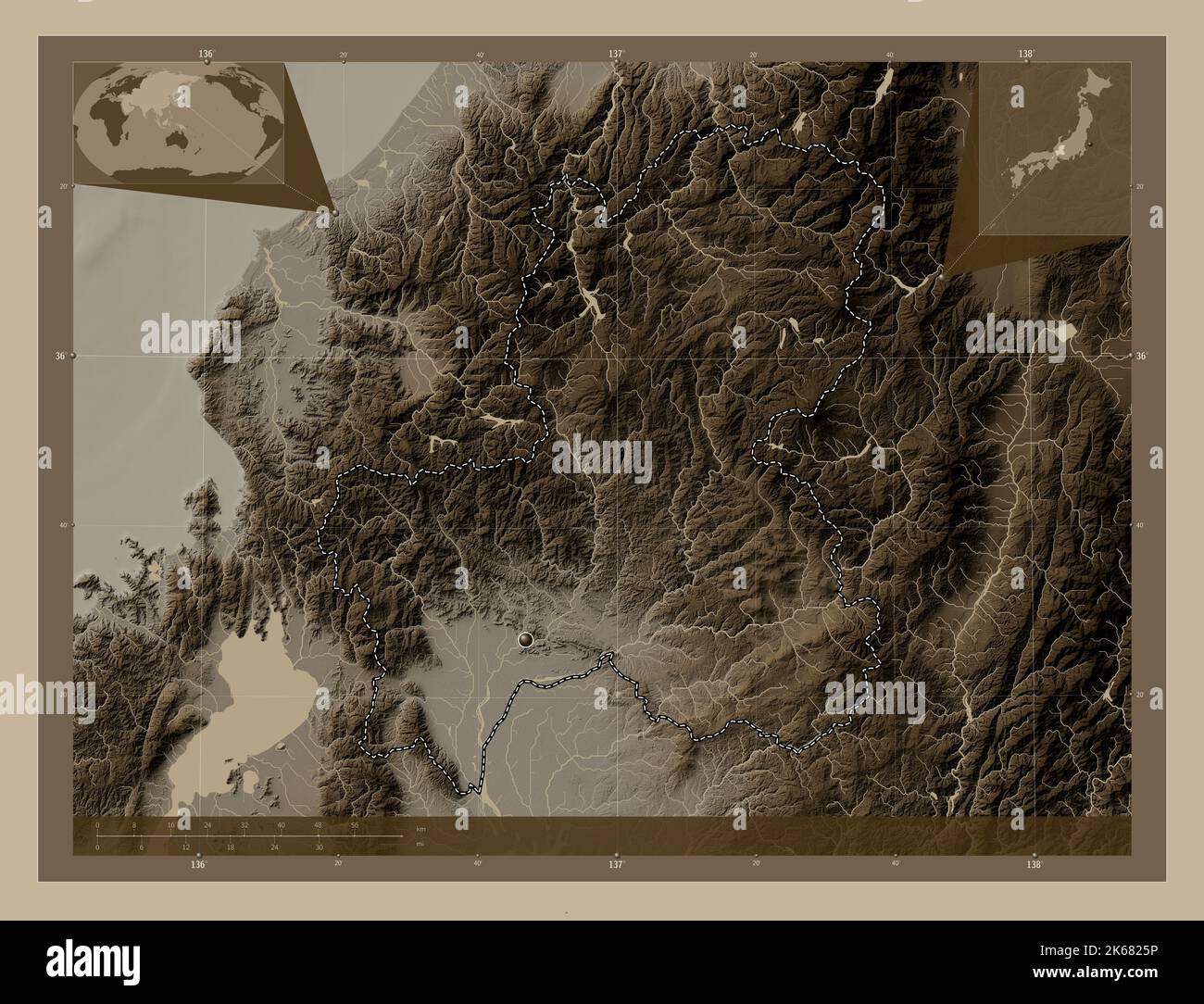 Gifu, prefecture of Japan. Elevation map colored in sepia tones with ...