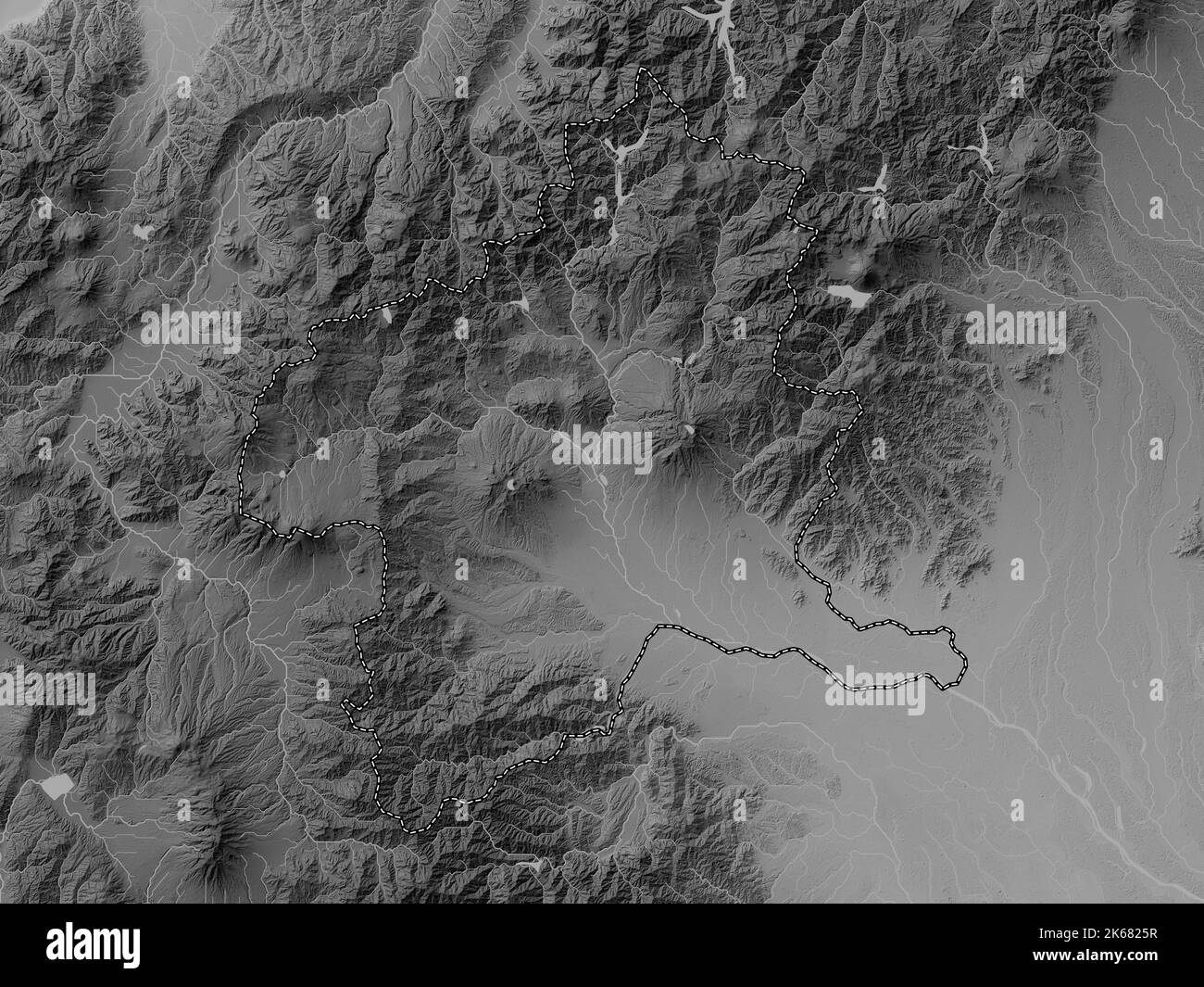 Gunma, prefecture of Japan. Grayscale elevation map with lakes and ...