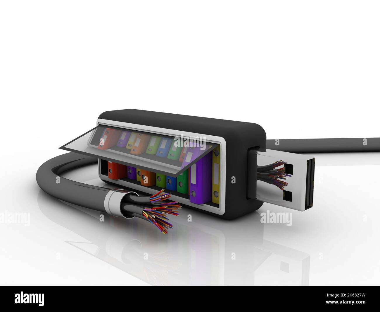3d rendering office document Binder with pen drive near optical cable ...