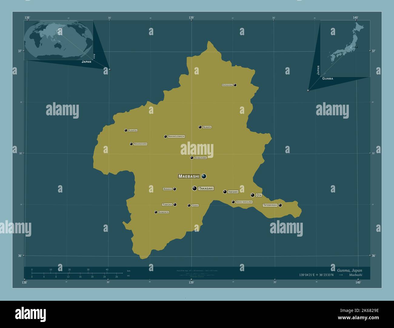 Gunma, prefecture of Japan. Solid color shape. Locations and names of ...