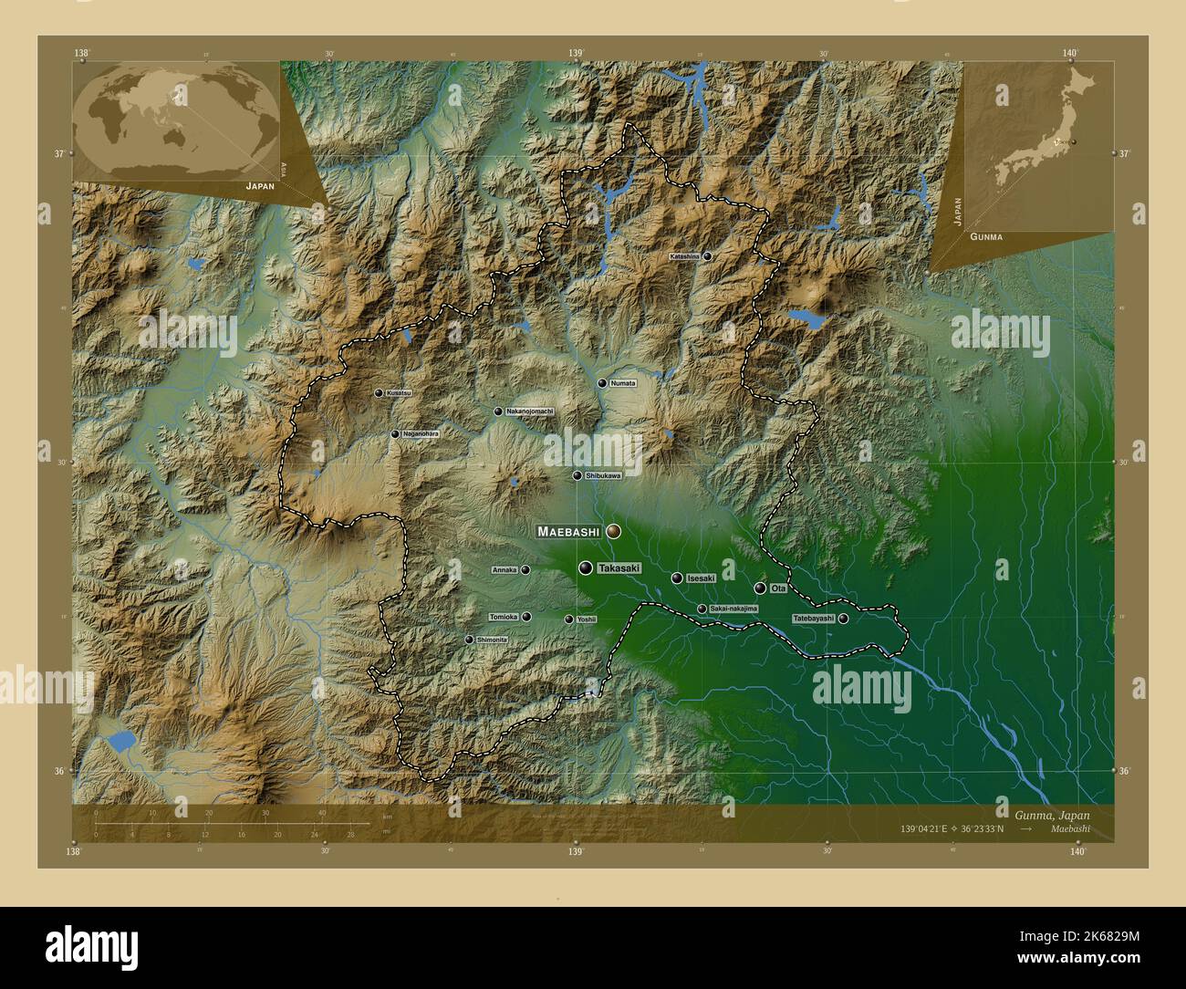 Gunma, prefecture of Japan. Colored elevation map with lakes and rivers ...