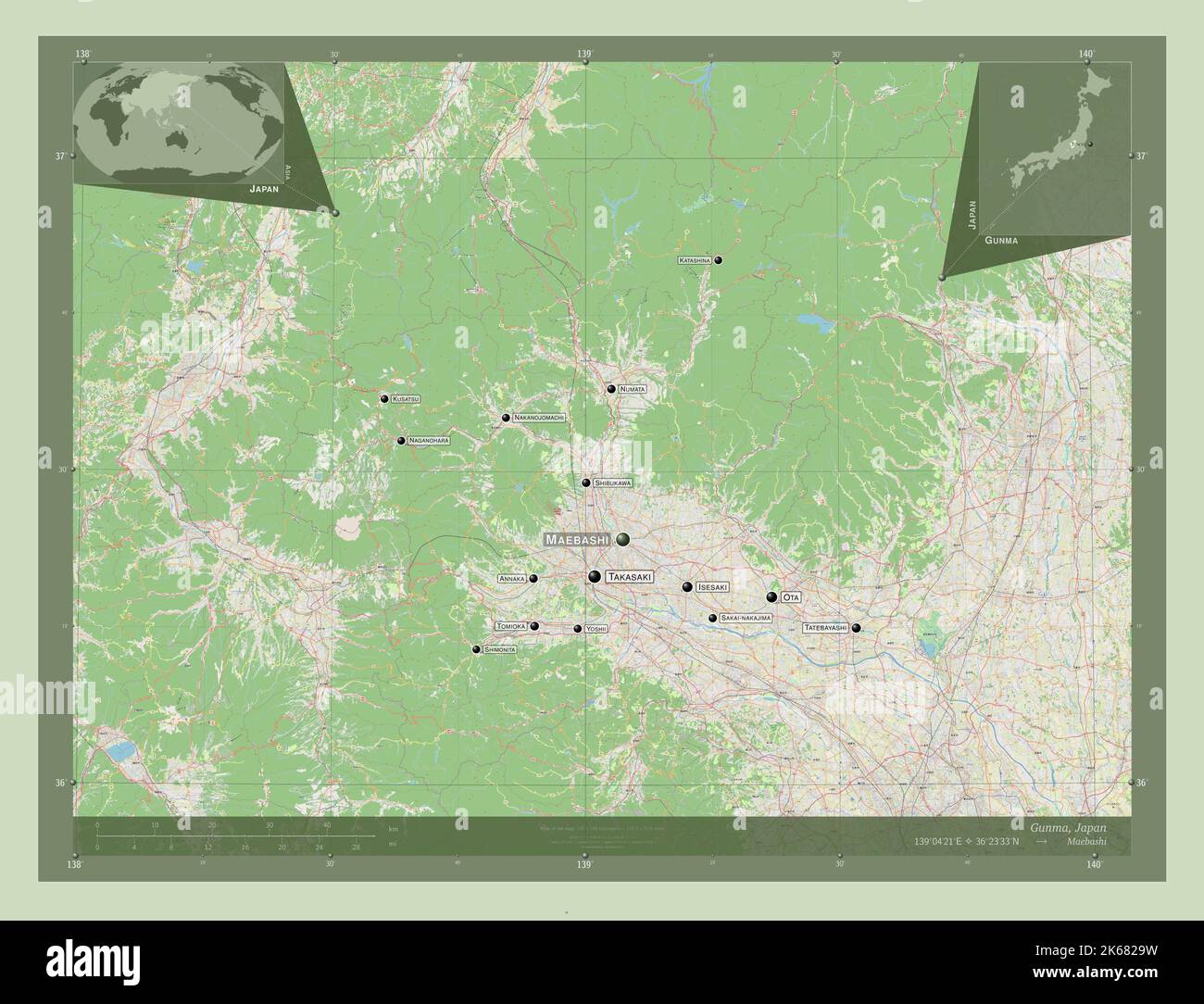 Gunma, prefecture of Japan. Open Street Map. Locations and names of ...