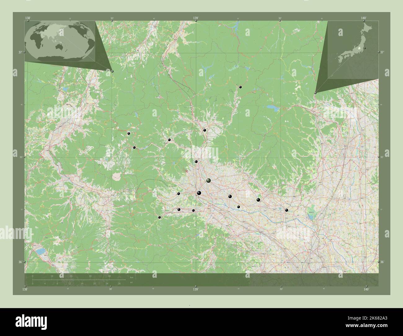 Gunma, prefecture of Japan. Open Street Map. Locations of major cities ...