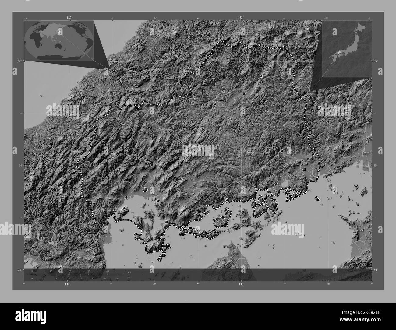 Hiroshima, prefecture of Japan. Bilevel elevation map with lakes and ...