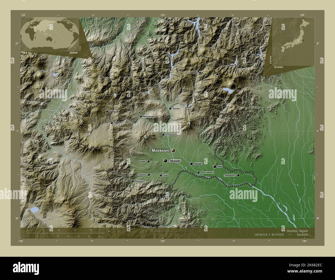 Gunma, prefecture of Japan. Elevation map colored in wiki style with ...