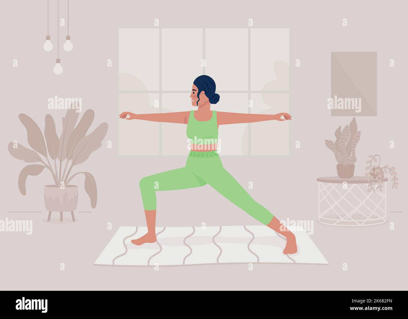 Lady doing yoga asana at home flat color vector illustration Stock ...