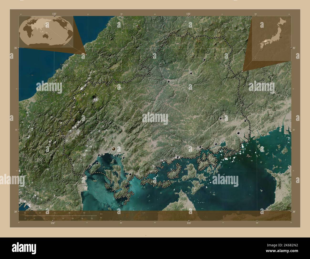 Hiroshima, prefecture of Japan. Low resolution satellite map. Locations ...