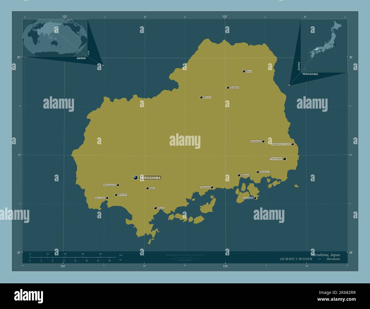 Hiroshima, prefecture of Japan. Solid color shape. Locations and names ...