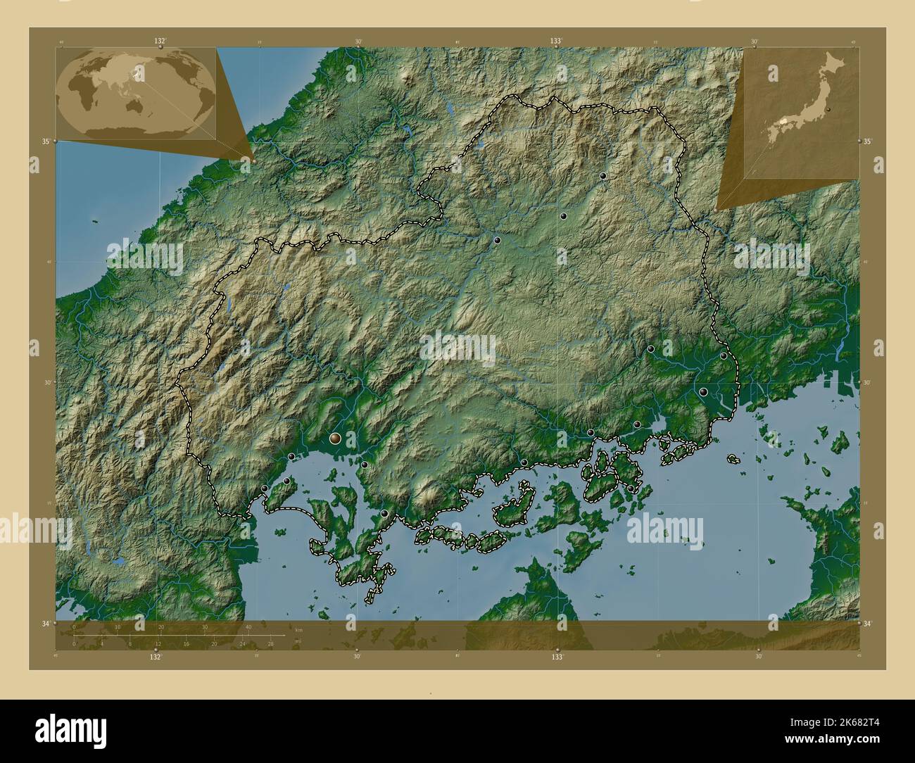 Hiroshima, prefecture of Japan. Colored elevation map with lakes and ...