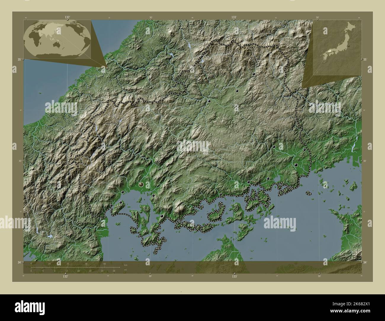 Hiroshima, prefecture of Japan. Elevation map colored in wiki style ...