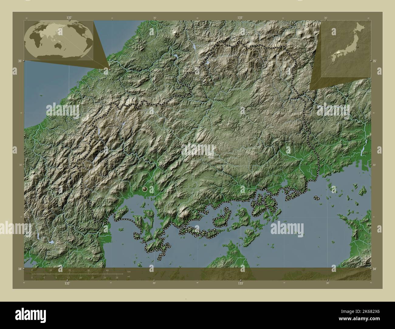 Hiroshima, prefecture of Japan. Elevation map colored in wiki style with lakes and rivers ...