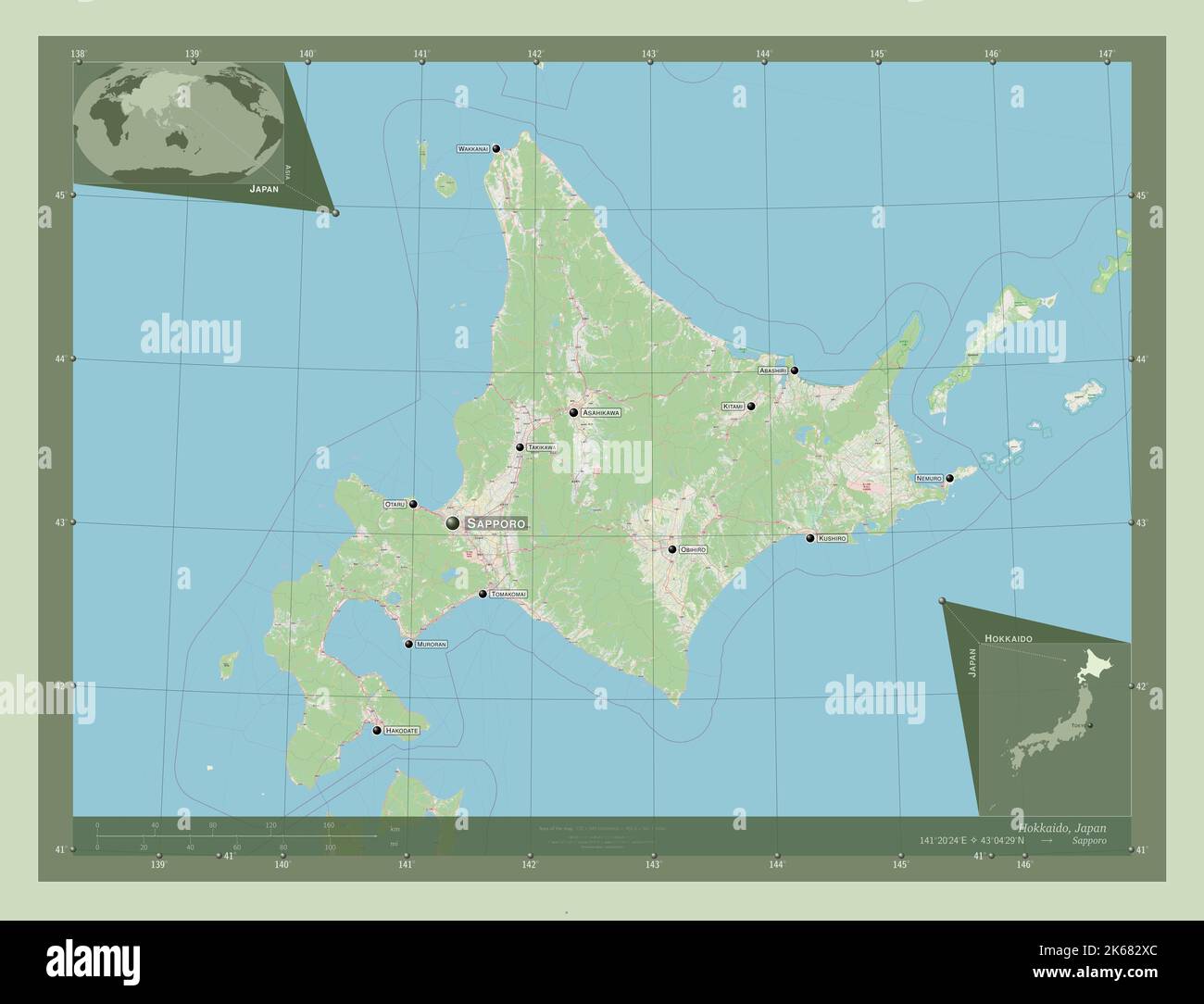 Hokkaido, circuit of Japan. Open Street Map. Locations and names of ...