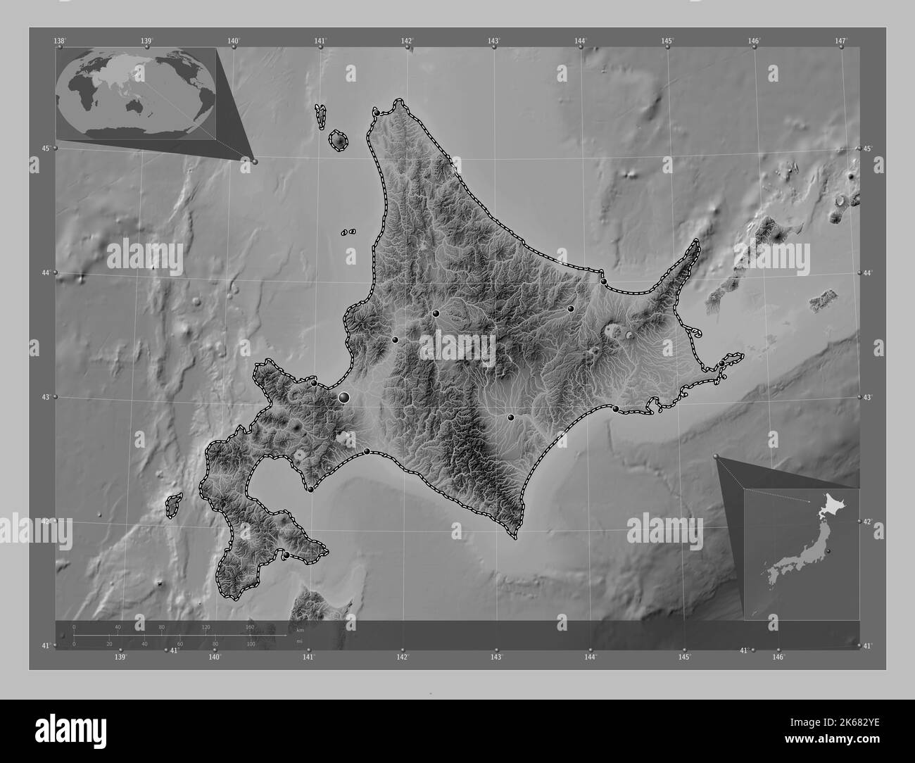 Hokkaido, circuit of Japan. Grayscale elevation map with lakes and ...
