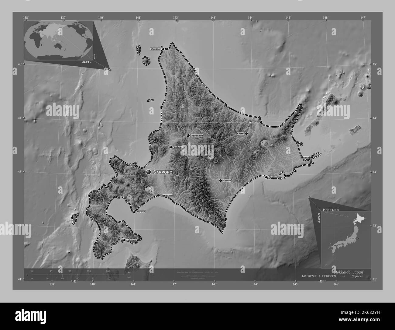 Hokkaido, circuit of Japan. Grayscale elevation map with lakes and ...