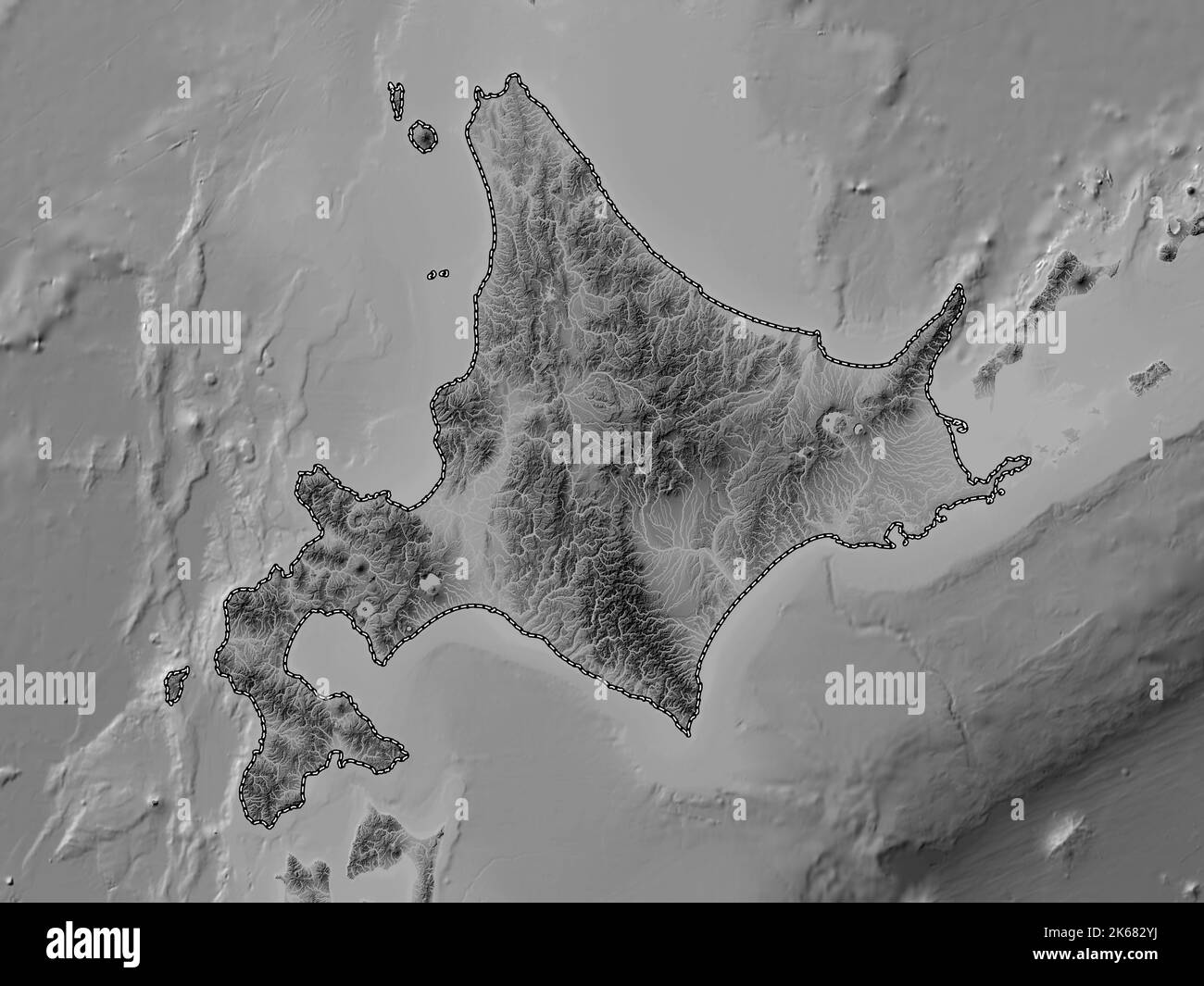 Hokkaido, circuit of Japan. Grayscale elevation map with lakes and ...