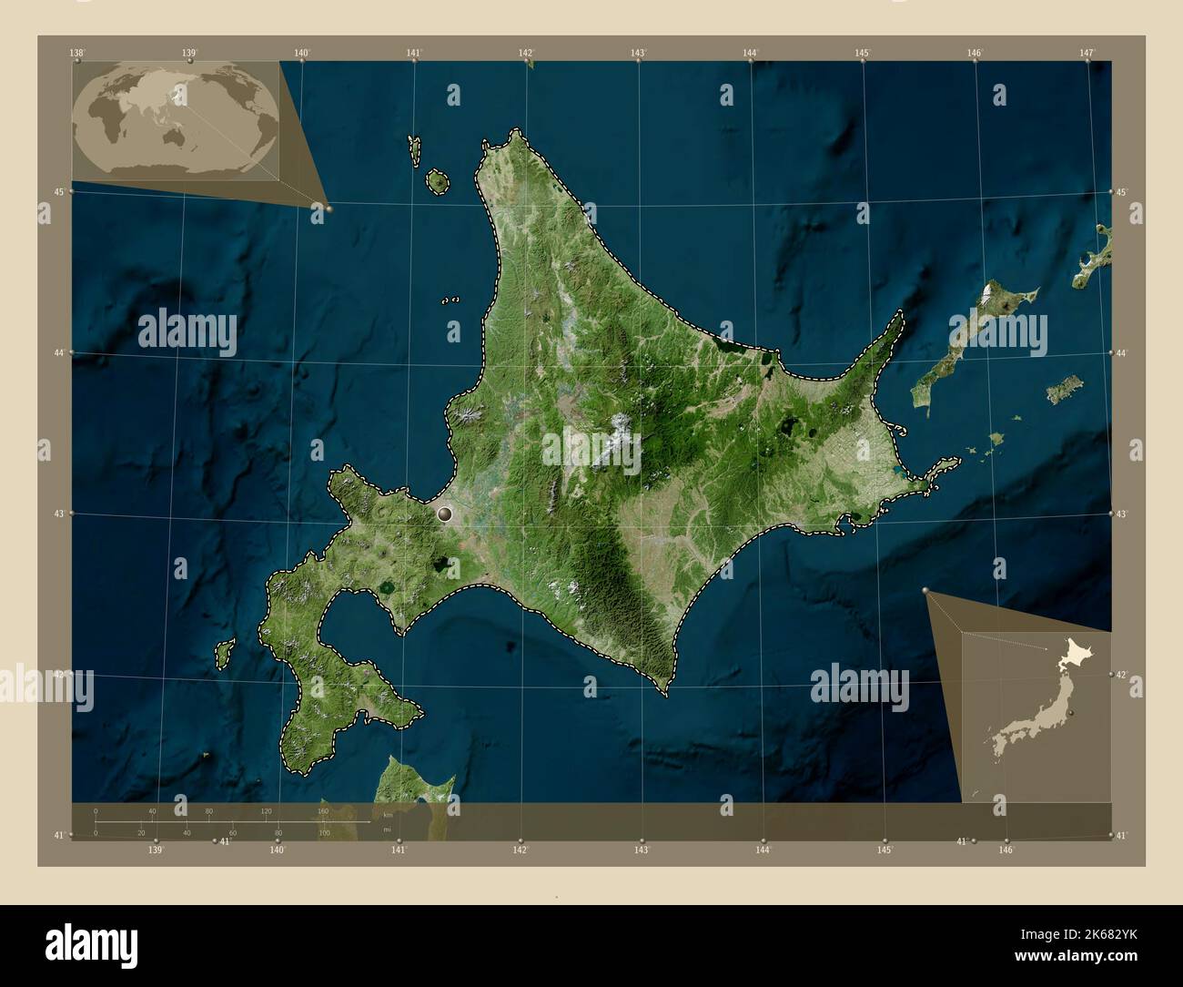 Hokkaido, circuit of Japan. High resolution satellite map. Corner ...