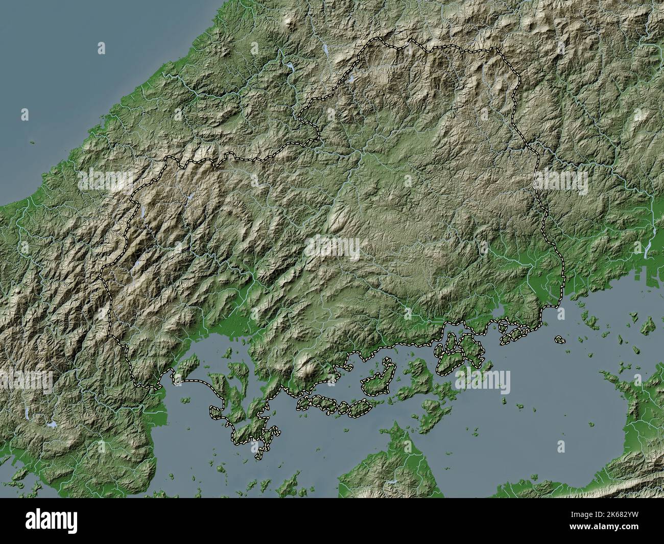 Hiroshima, prefecture of Japan. Elevation map colored in wiki style with lakes and rivers Stock ...