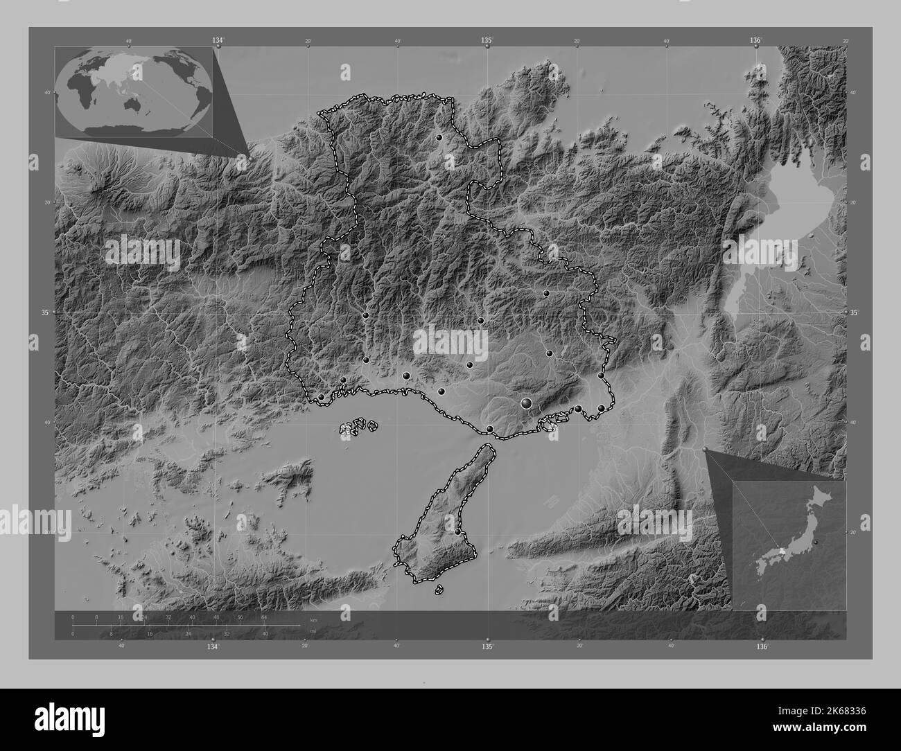 Hyogo, prefecture of Japan. Grayscale elevation map with lakes and ...