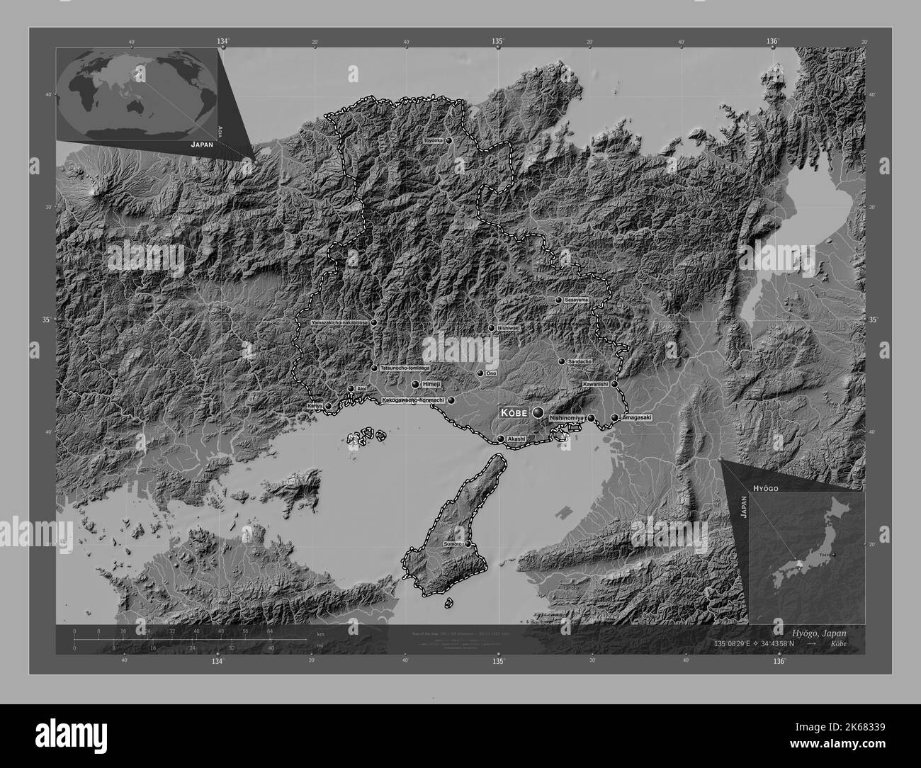 Hyogo, prefecture of Japan. Bilevel elevation map with lakes and rivers ...