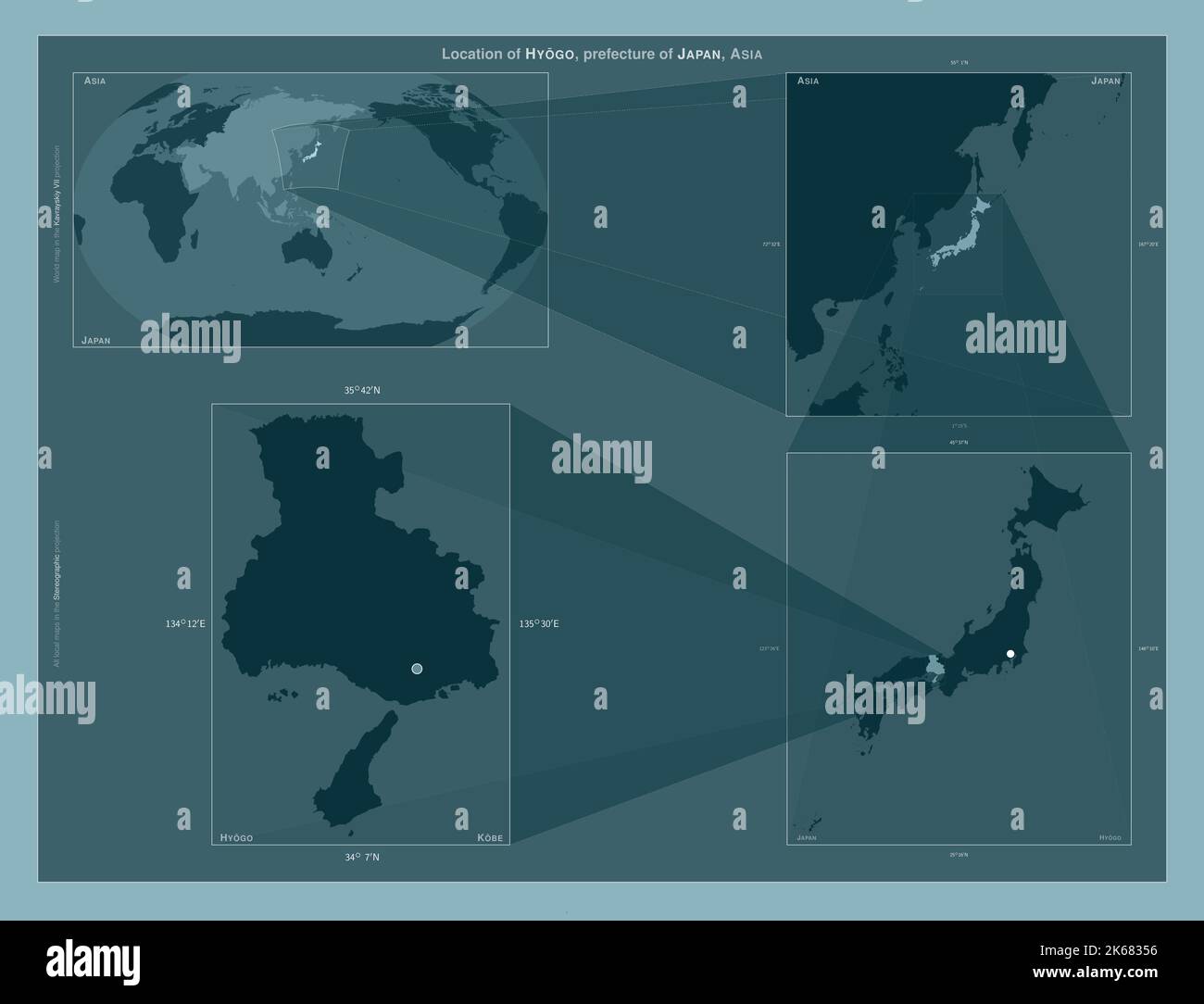 Hyogo, prefecture of Japan. Diagram showing the location of the region ...